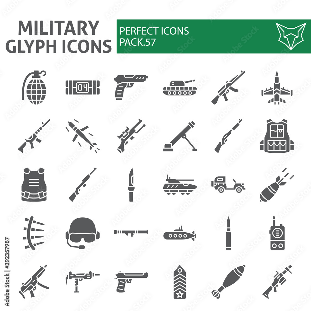 Military glyph icon set, war and army symbols collection, vector ...