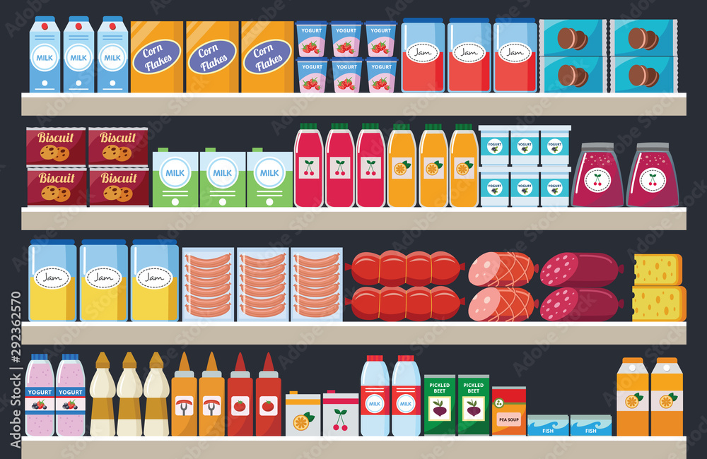Supermarket shelves with assortment products and drinks flat vector ...