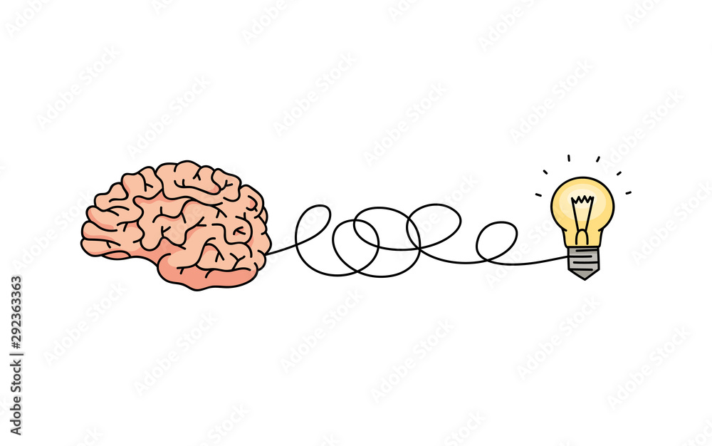 Tangled black line connecting icons of brain and lamp vector ...