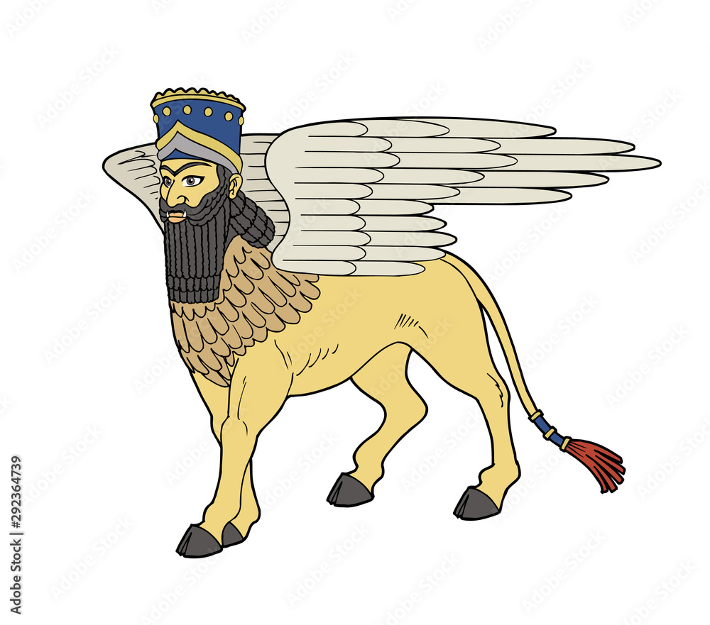 Assyrian deity winged bull of Shedu. Stock Illustration | Adobe Stock