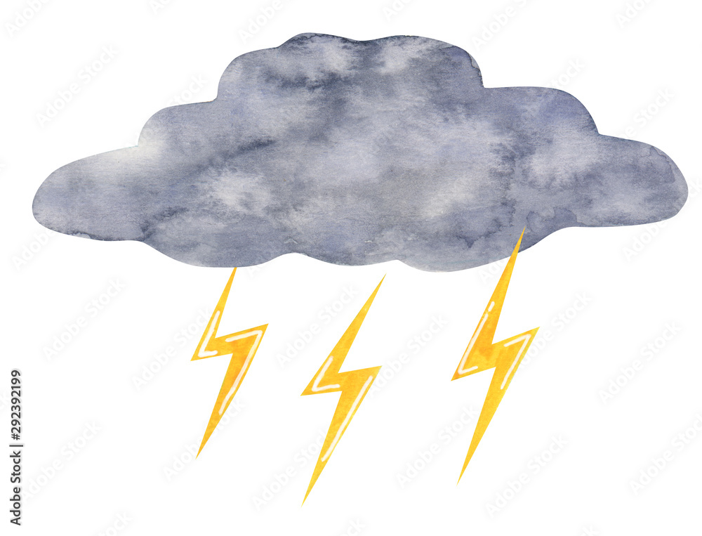 Cloud with lightning, hand drawn watercolor illustration isolated on ...