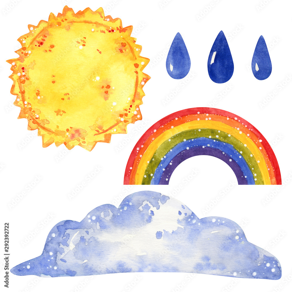 Weather forecast clipart set, sun, cloud, raindrops, rainbow, hand ...