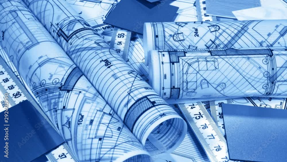 Blueprints - architectural drawings, yardstick - folding ruler smoothly ...