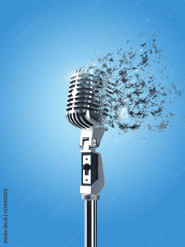 Retro microphone isolated in blue background with explodation effect ...