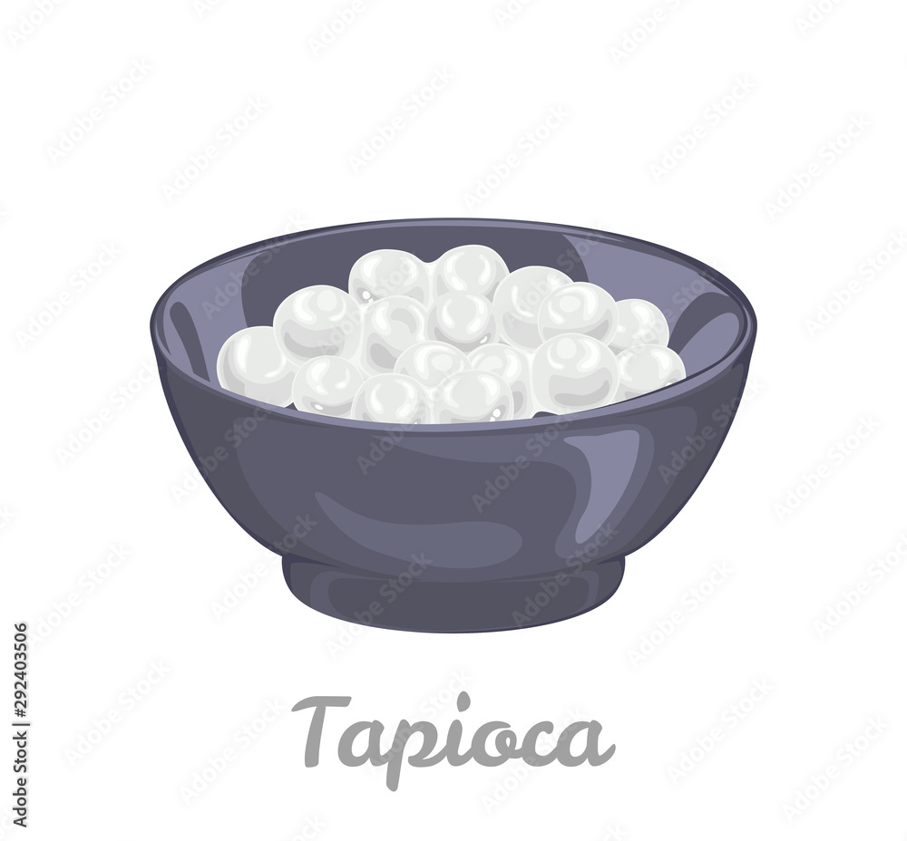 Tapioca white pearls in black bowl isolated on white background. Vector ...