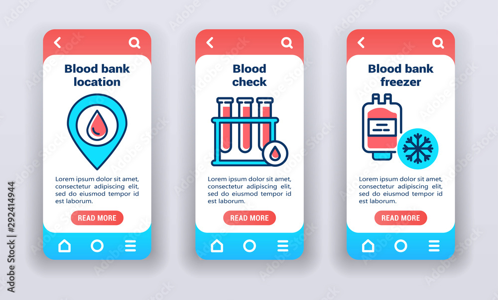 Blood bank on mobile app onboarding screens. Storage for transfusion ...