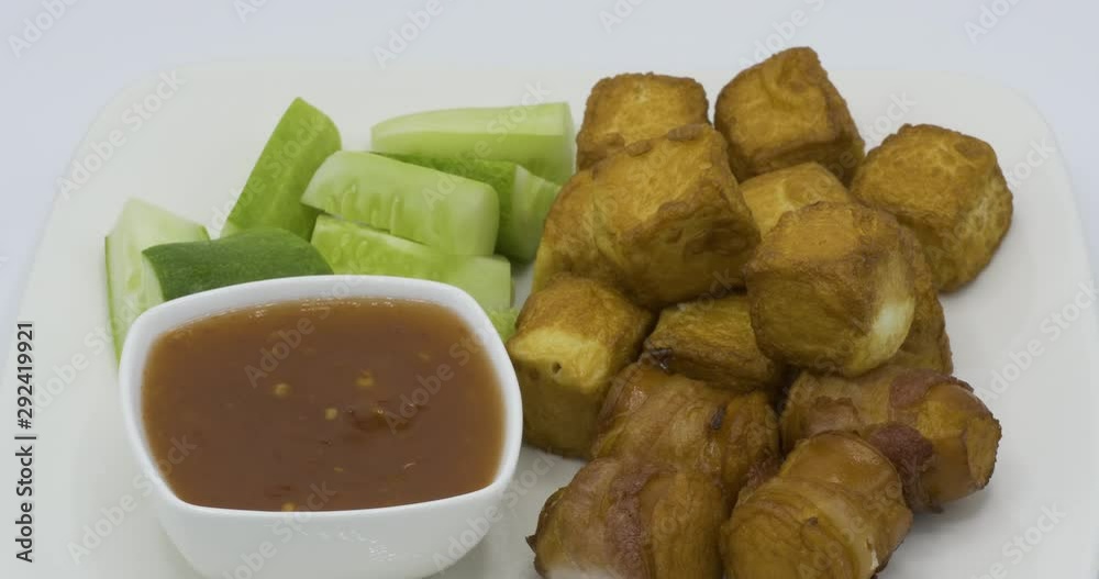 Tofu, fish ball, deep fried food with trans fat, rotation background ...