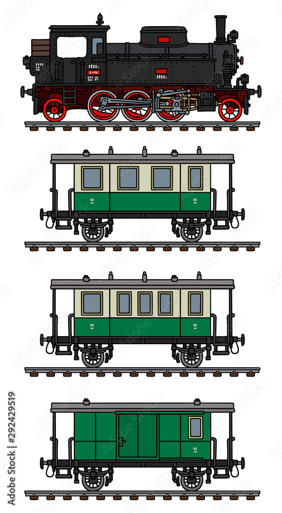 The vectorized hand drawing of a vintage green passenger steam train ...