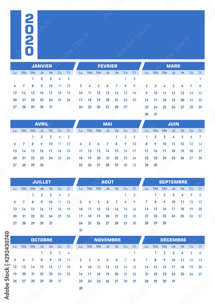 Blue 2020 French calendar. Printable portrait version Stock Vector ...