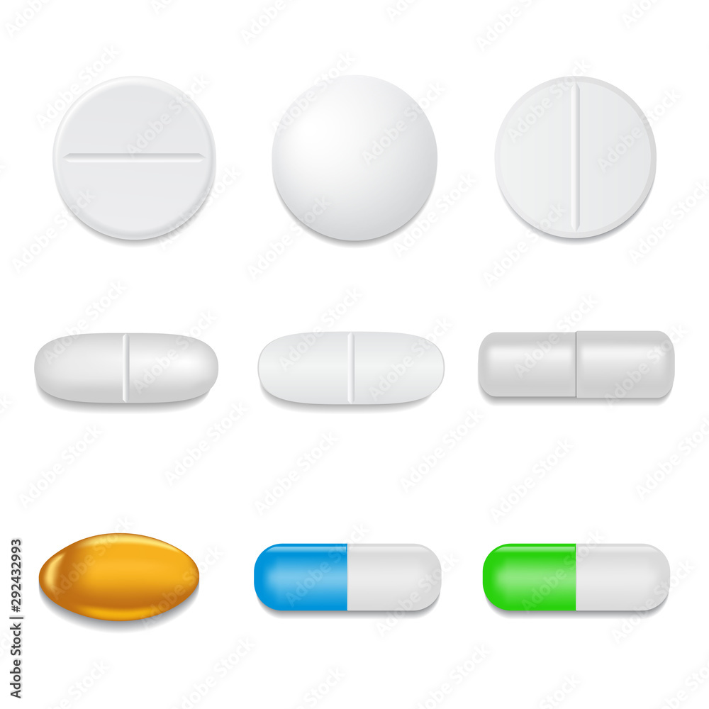 3d realistic white medical pill or tablet on isolated background. Set ...