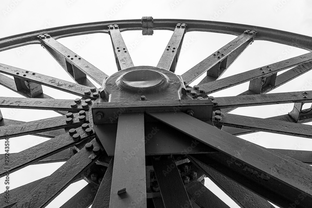 coal mine shaft tower wheel detail greyscale Stock Photo | Adobe Stock