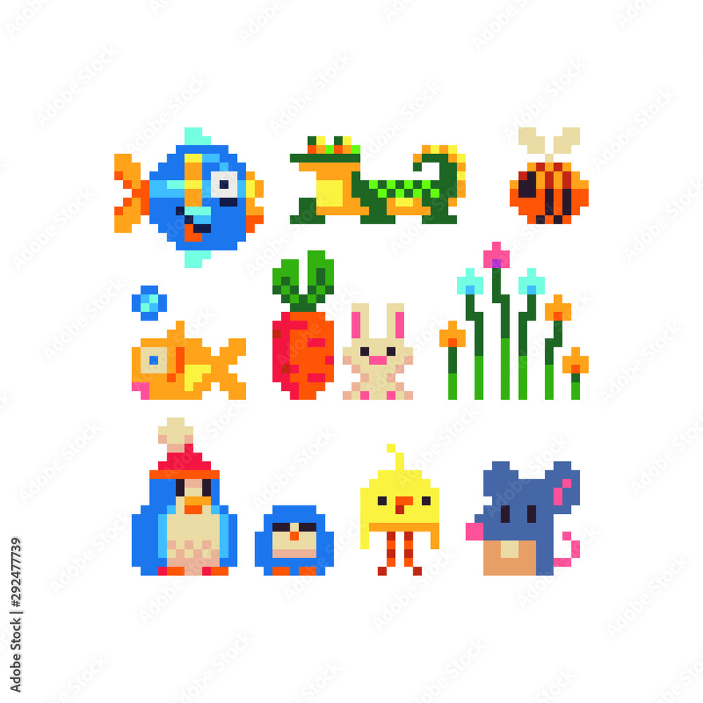 Different cartoon animal characters pixel art icons set, fish, tropical ...