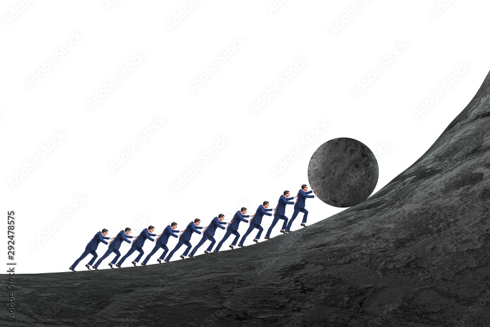 Team of people pushing stone uphill Stock Photo | Adobe Stock