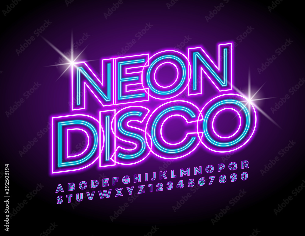 Vector illuminated emblem Neon Disco with glowing Alphabet. Rotated ...