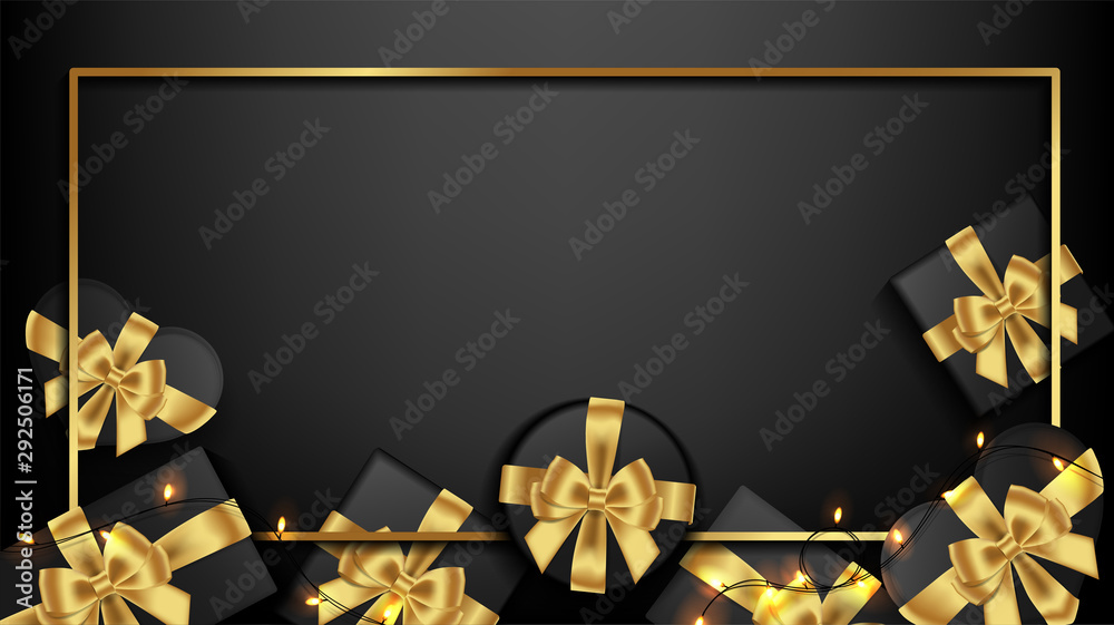 Black background with gift boxes decorated gold ribbon and sparkling ...