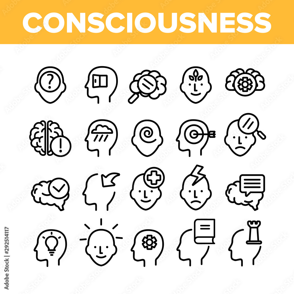 Consciousness Collection Elements Icons Set Vector Thin Line. Human ...
