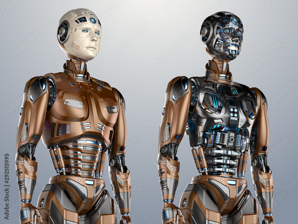 Two very detaield android cyborgs or futuristic robots standing near ...