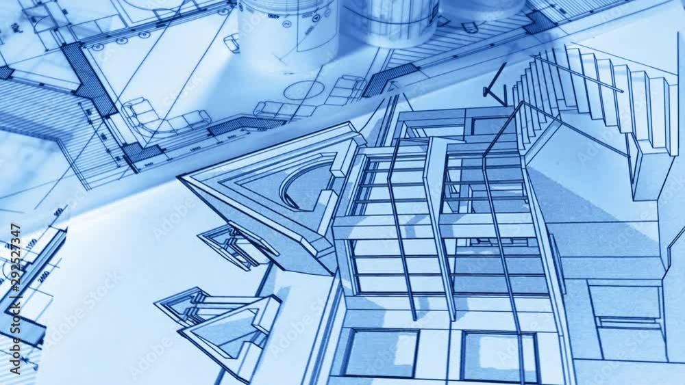 Blueprints - rolls of architectural drawings smoothly rotate on the ...