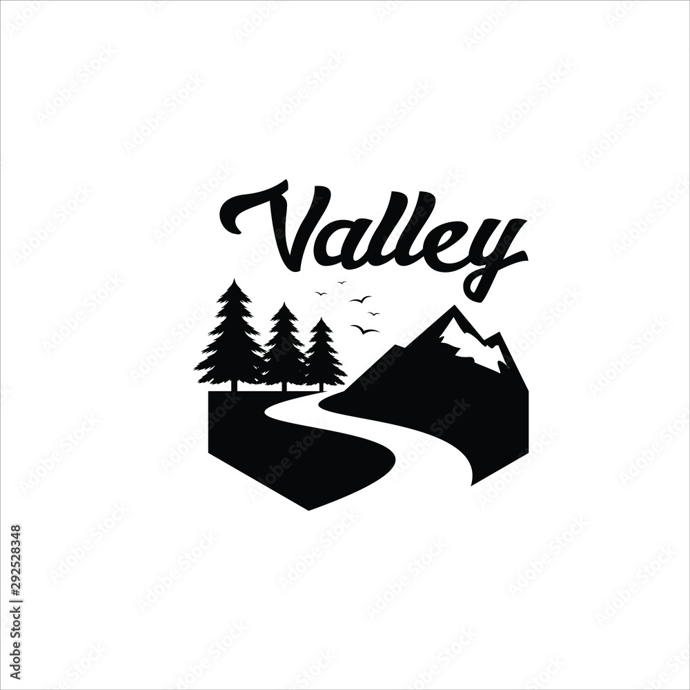 river valley logo black pine tree silhouette with mountain illustration ...