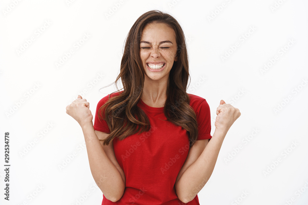 Girl feeling accomplish finally achieve goal. Happy triumphing cute ...