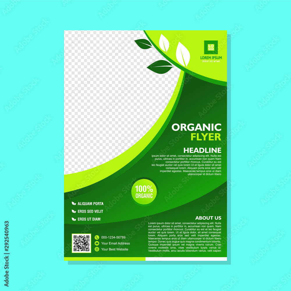 Eco Organic Flyer template with space of shilhuette of leaf for place ...