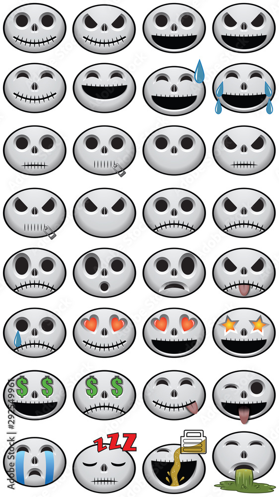 Thirty-two Halloween Skull Emojis social media icon faces of emotion ...