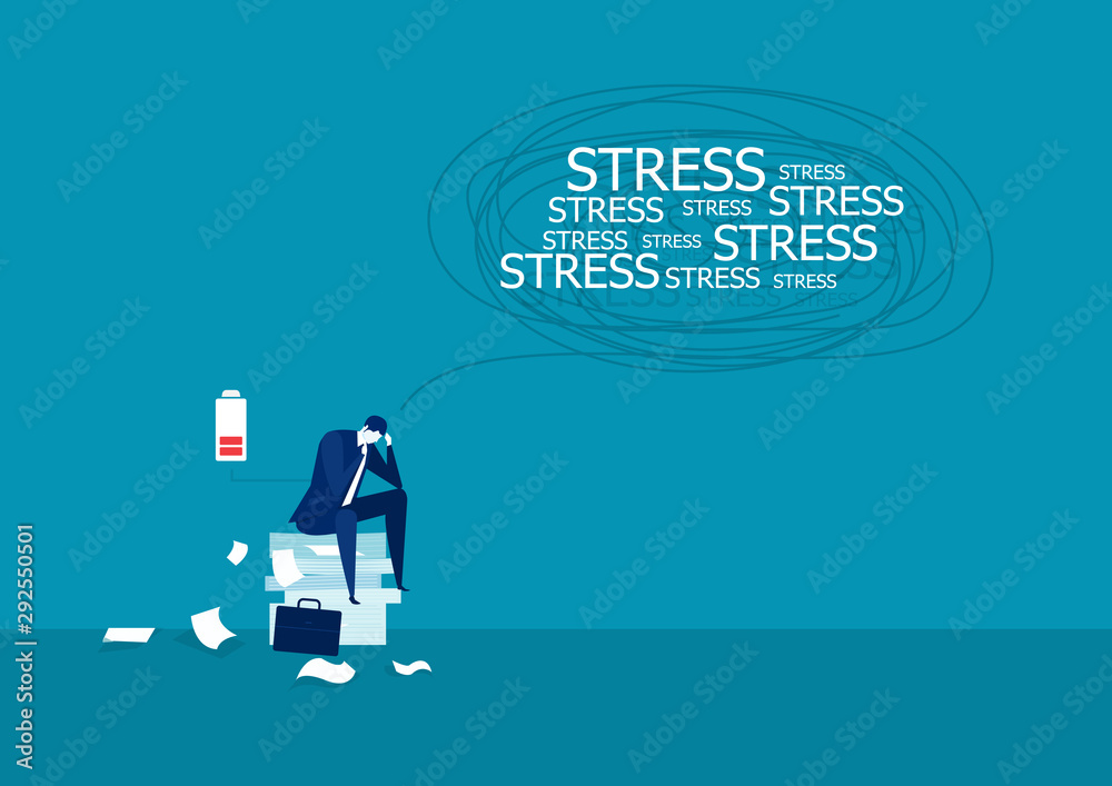 Vector illustration of businessman under stress on many paper. Stock ...