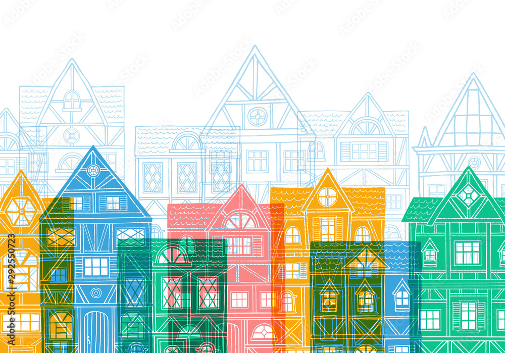 German houses cartoon cover urban landscape white background. Front ...