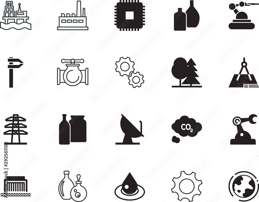 factory vector icon set such as: post, house, map, globe, drop, formula ...