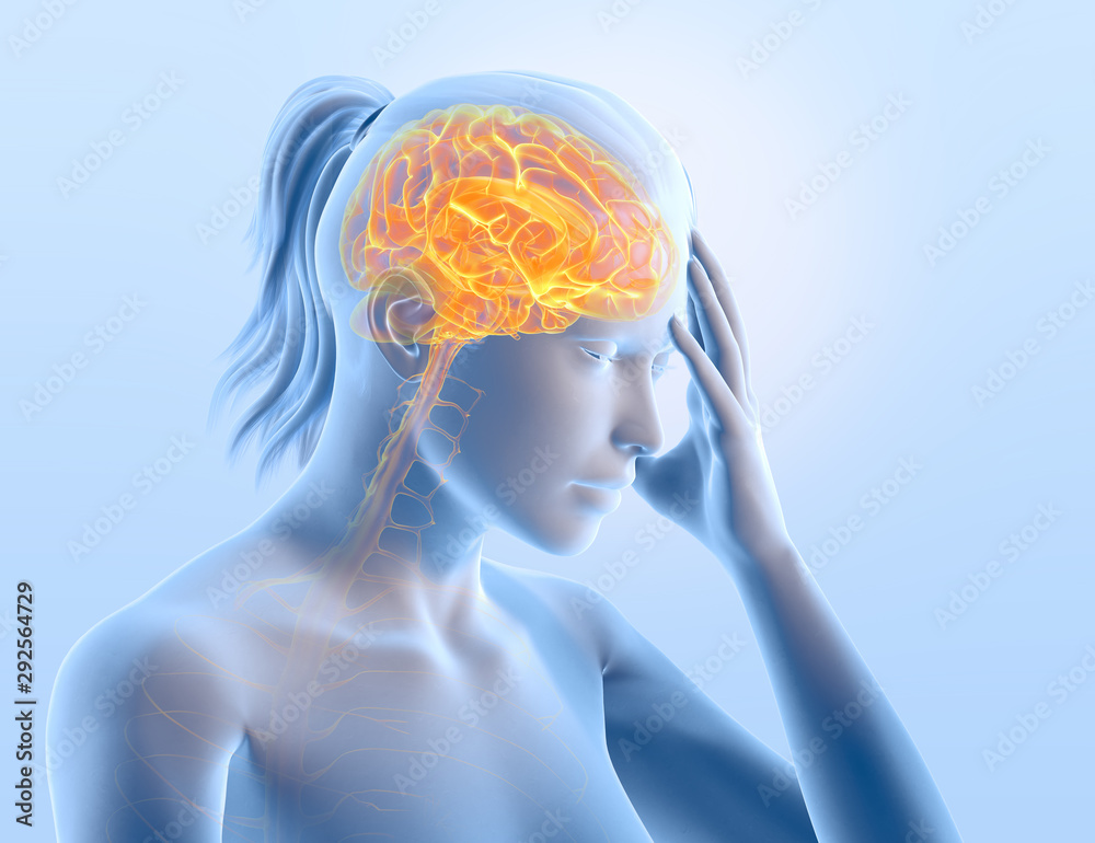 Headache, migraine of a woman with brain an nerves, medically 3D ...