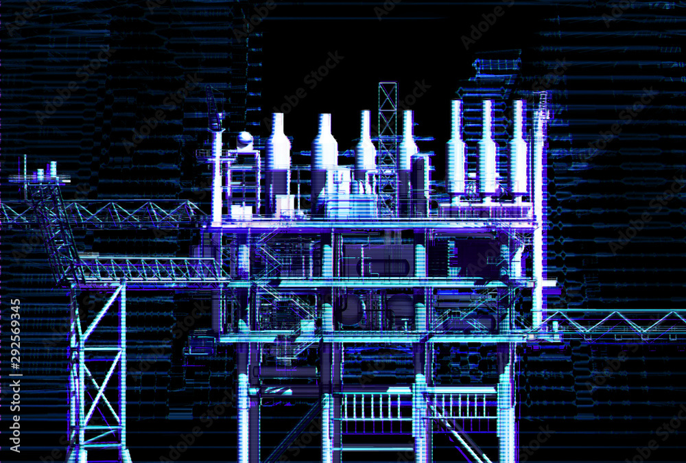 3D rendering futuristic oil rig building radar scan on computer 's ...