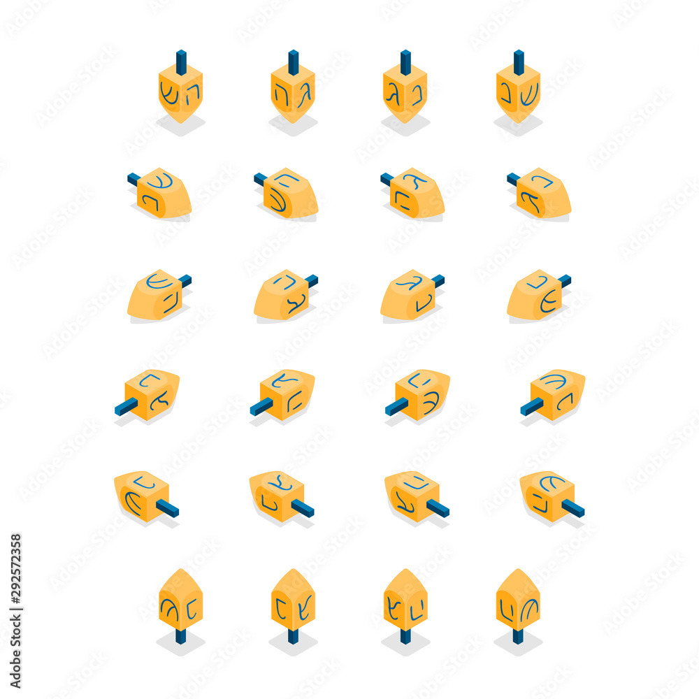Vector Hanukkah dreidel all sides isometric 3d elements set. Jewish ...