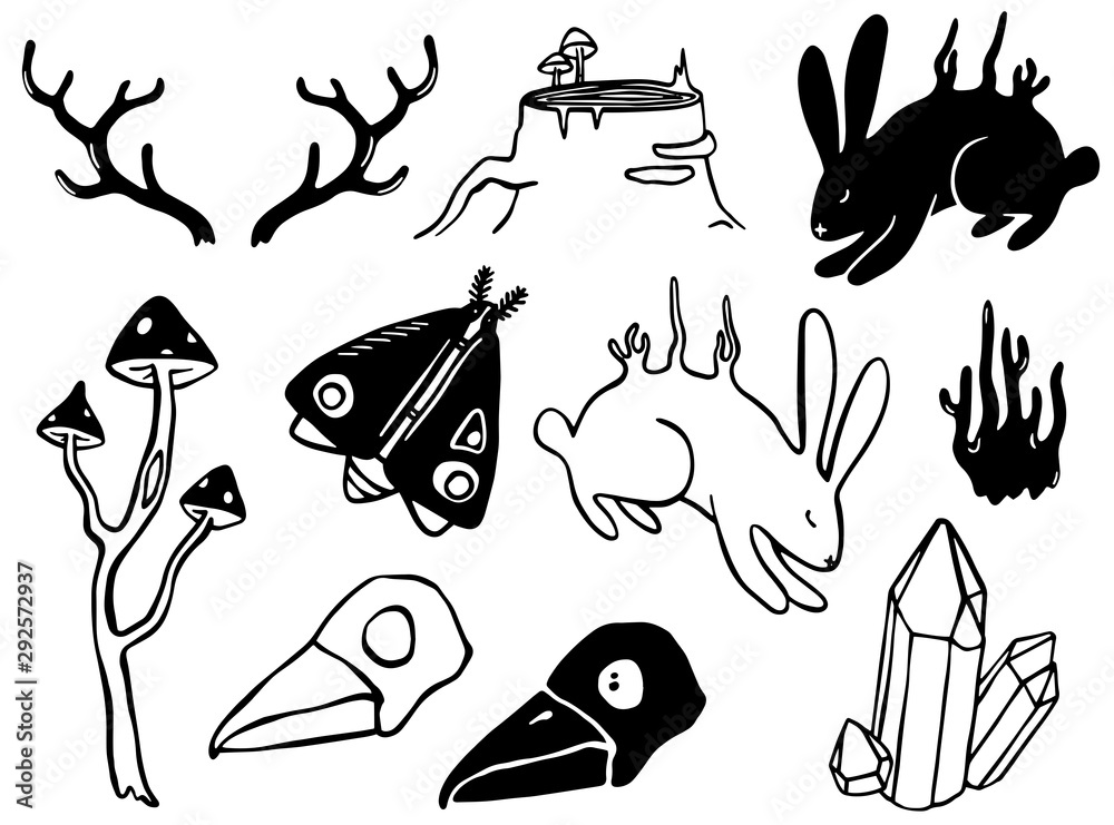 Set of different mystical forest creatures for prints or tattoos ...