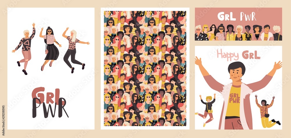 Diverse women poster. Group of happy girls, set of banners and flyers ...