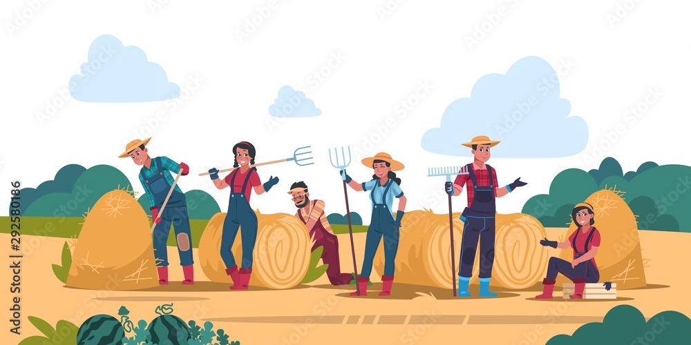 Agricultural work concept. Cartoon farmer characters working in fields ...