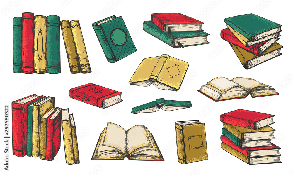 Hand drawn books. Colored vintage piles and stacks of book, reading and ...