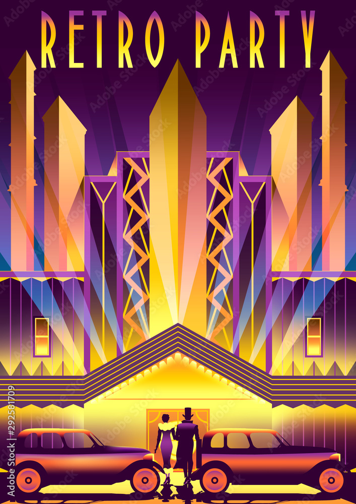 Retro party invitation card with couple and restaurant building in the ...