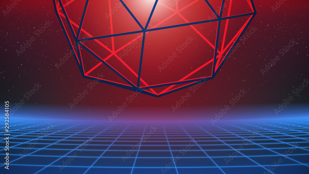 Synthwave background. Retro futuristic backdrop with perspective grid. Frame polyhedron with ...