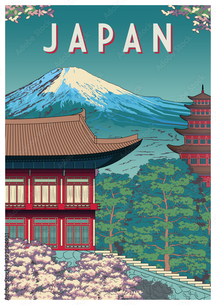 Japan Travel Poster with Temple in the first plan and mountain in the ...