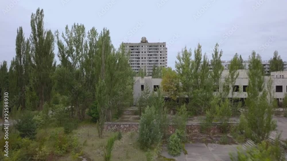 USSR destroyed city Chernobyl. Air view of destroyed buildings after ...