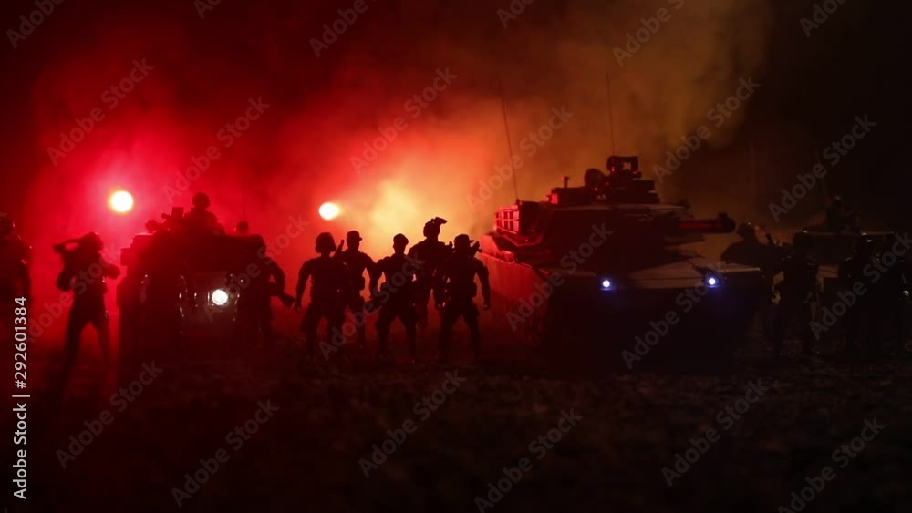 War Concept. Military silhouettes fighting scene on war foggy sky ...