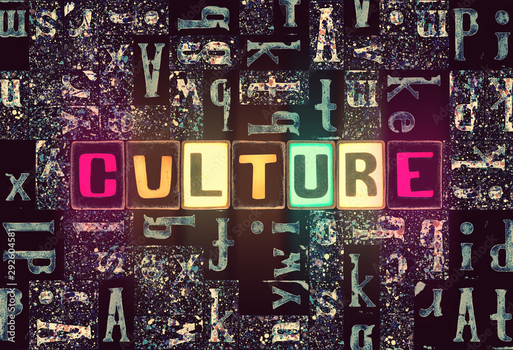 The word Culture as neon glowing unique typeset symbols, luminous ...