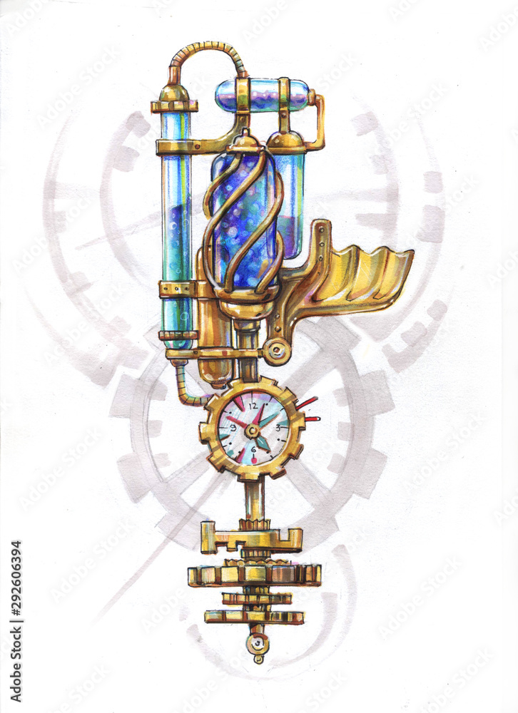 Steampunk Time Machine Key. freehand drawing. marker and color pencil ...
