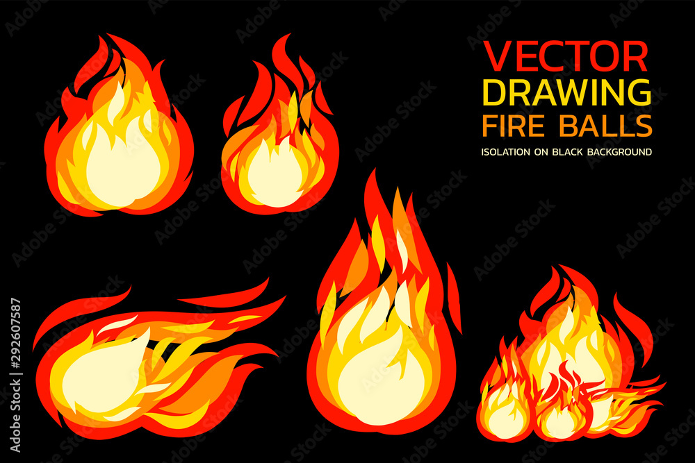 Vector drawing fire balls isolation on black background. brush style ...