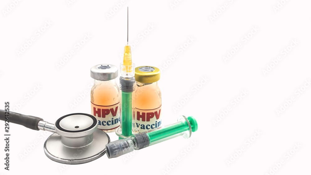 Injection needle with stethoscope and three bottles of vaccines " HPV ...