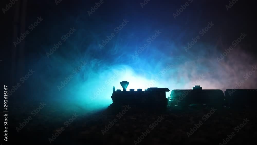 Train moving in fog. Ancient steam locomotive in night. Night train ...