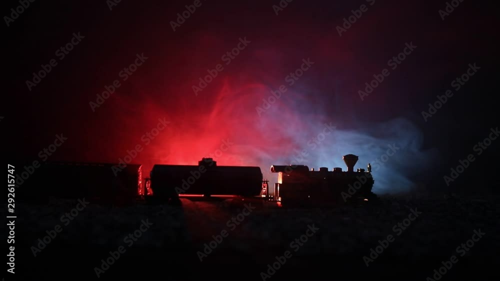 Train moving in fog. Ancient steam locomotive in night. Night train ...