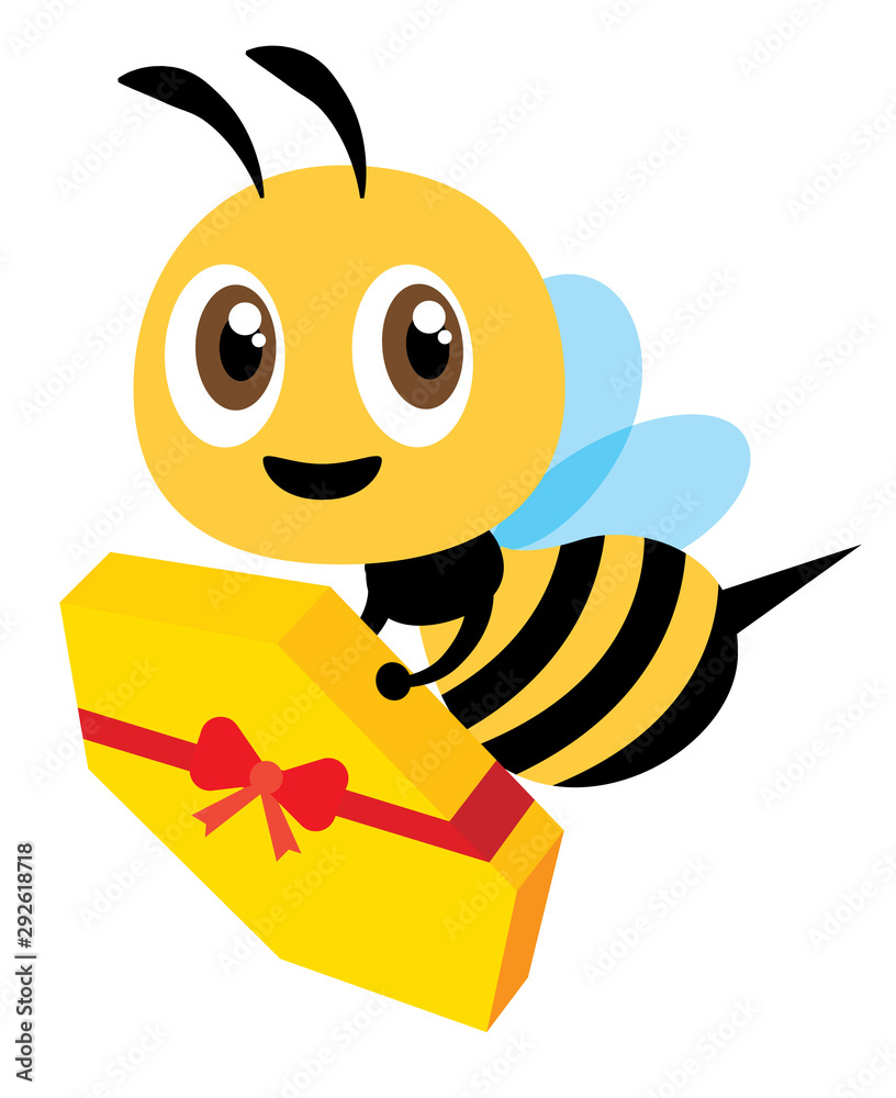Cartoon cute bee carries a huge honeycomb for delivery. Honeycomb ...