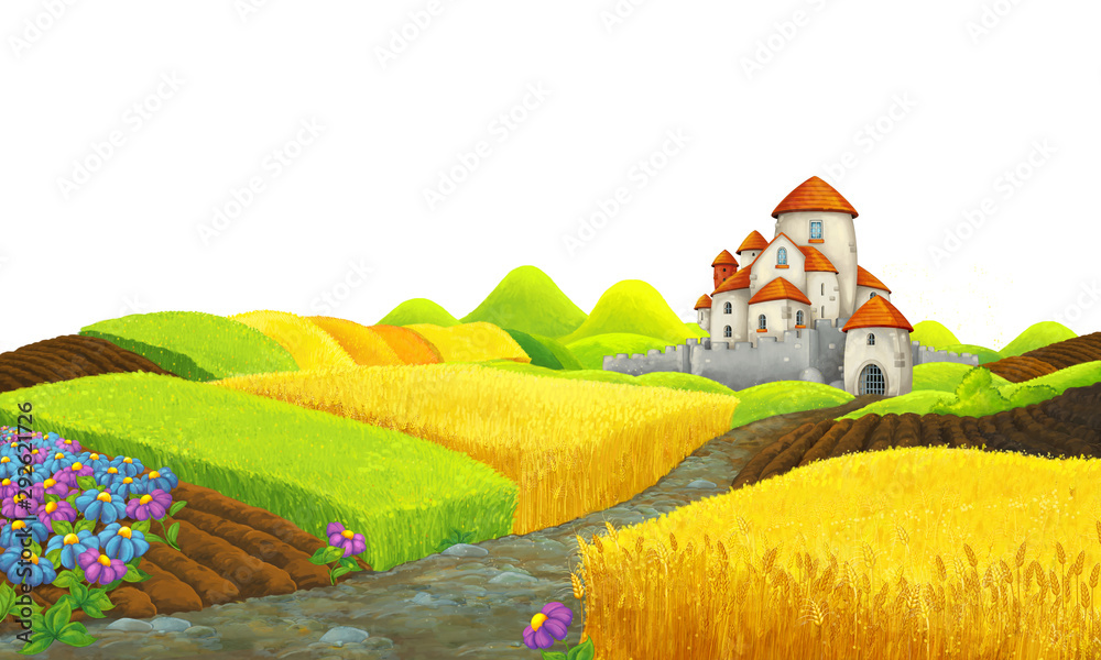 Cartoon scene with farm fields with medieval castle and white ...