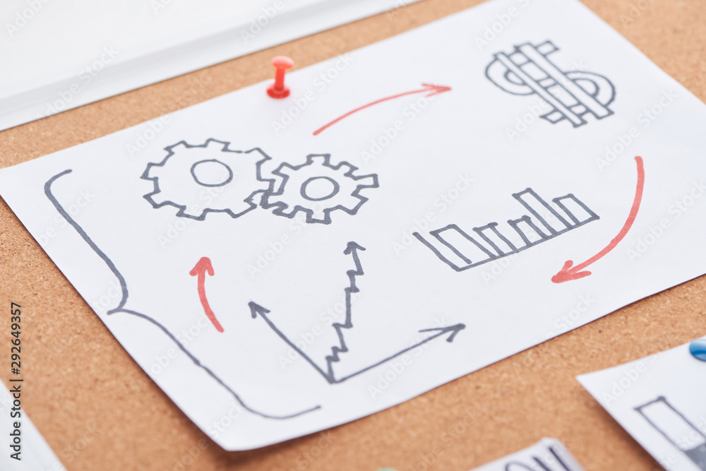 paper card with increase charts, dollar sign and gearwheels pictures ...